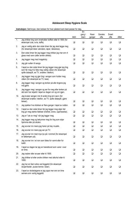 Adolescent Sleep Hygiene Scale - Helse Bergen
