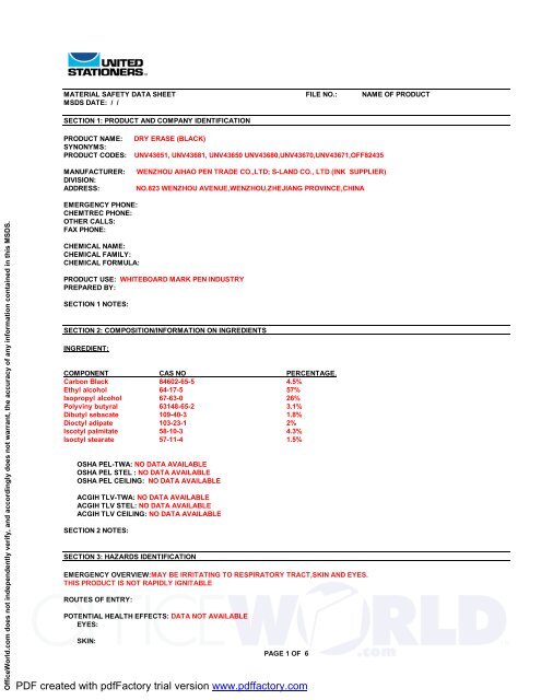 open MSDS sheet - OfficeWorld.com