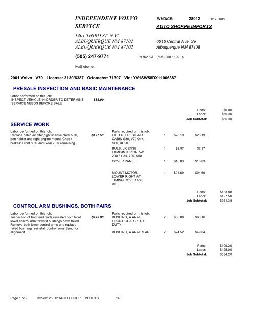 Independent volvo invoice - Auto Shoppe Import Sales