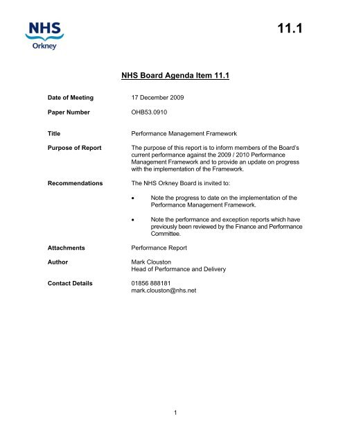 Performance Management Framework Report - NHS Orkney