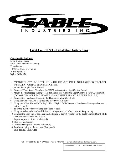 Light Control Set – Installation Instructions - Sable Industries Inc.