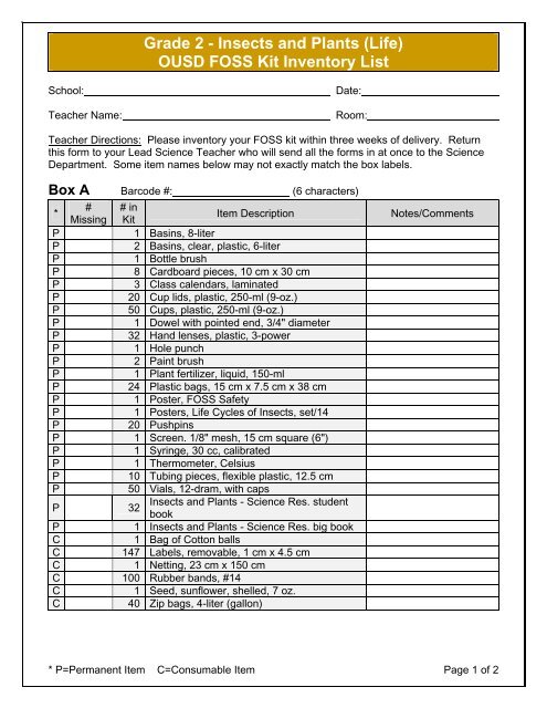 Grade 2 - Insects and Plants (Life) OUSD FOSS Kit Inventory List