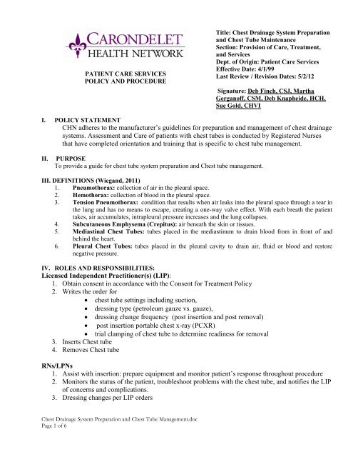 Chest Drainage System Preparation & Chest Tube ... - Carondelet.org