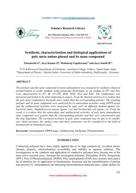 Synthesis, characterization and biological applications of poly meta ...