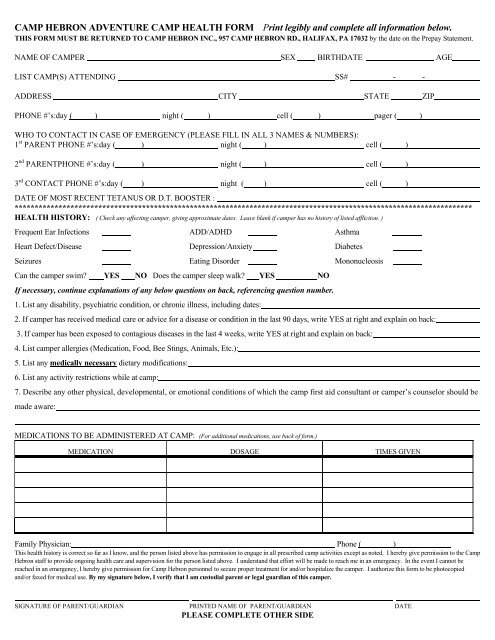 CAMP HEBRON ADVENTURE CAMP HEALTH FORM Print legibly ...