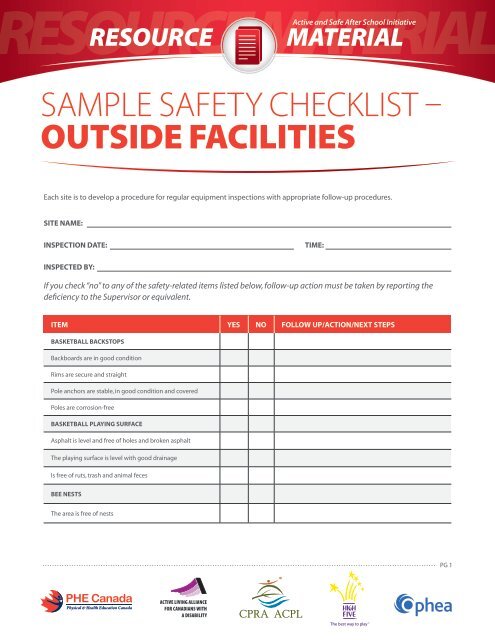 SAMPLE SAFETY CHECKLIST â OUTSIDE FACILITIES - PHE Canada