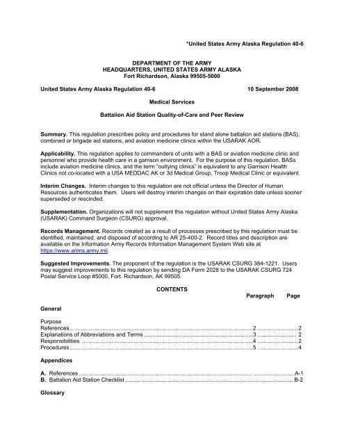 USARAK Regulation 40-6 - The USARAK Home Page