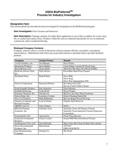 USDA BioPreferred Process for Industry Investigation