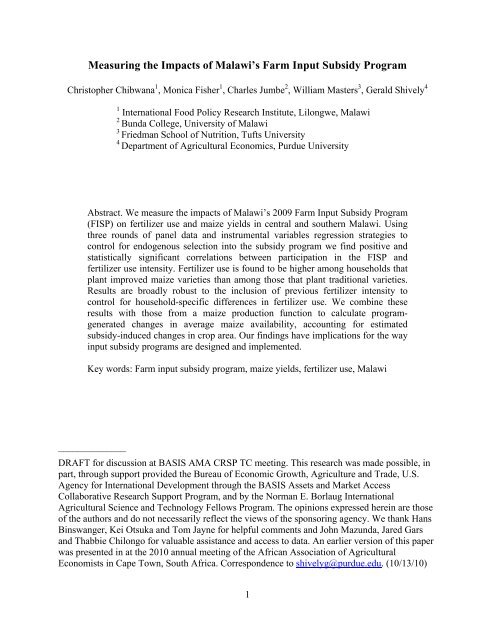 Measuring the Impacts of Malawi's Farm Input Subsidy Program