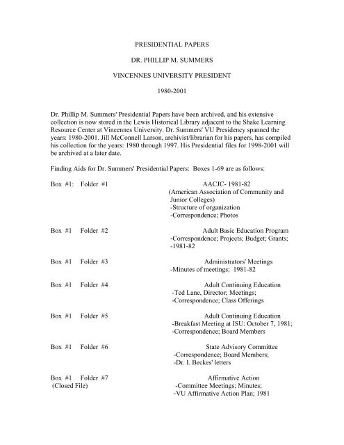 PRESIDENTIAL PAPERS - Vincennes University