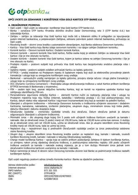 OPÄ I UVJETI ZA IZDAVANJE I KORIÅ TENJE VISA ... - OTP banka dd
