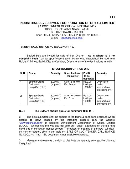industrial development corporation of orissa limited - Tender