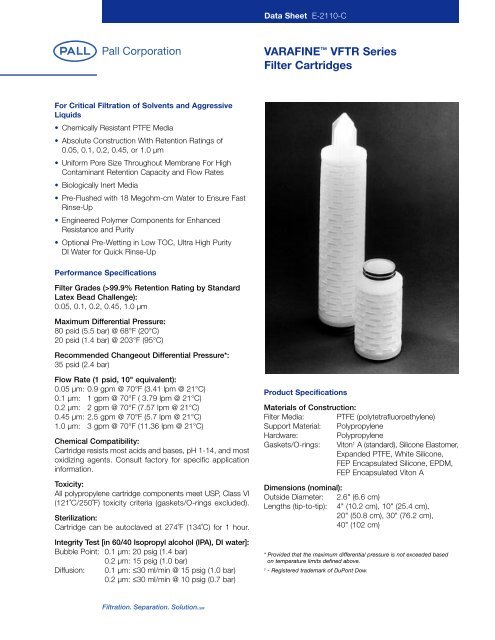 VARAFINEâ ¢ VFTR Series Filter Cartridges - Pall Corporation (PLL)