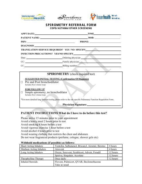 SPIROMETRY REFERRAL FORM - Fraser Health