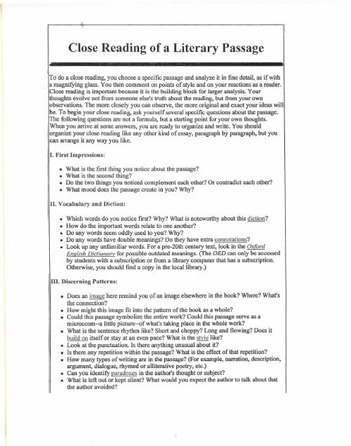 Close Reading of a Literary Passage