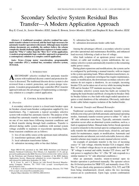 Secondary Selective System Residual Bus Transfer - Powell ...