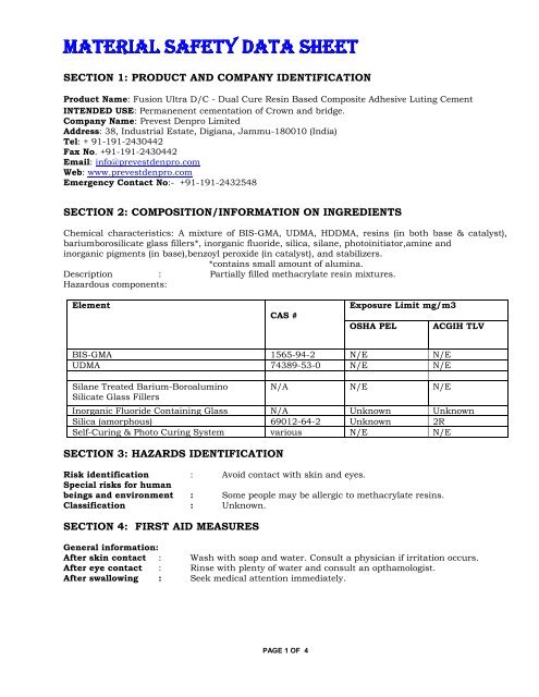 MATERIAL SAFETY DATA SHEET - Prevest Denpro Limited