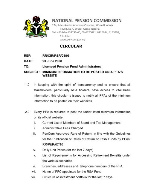 circular - National Pension Commission - PenCom