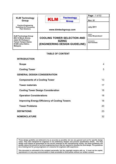 cooling tower selection and sizing - KLM Technology Group