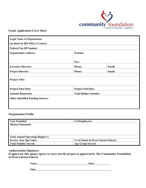 Grant Application Cover Sheet Organization Profile Authorization ...