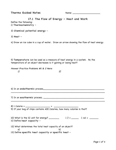 Thermo Guided Notes 17.1 The Flow of Energy â Heat and Work