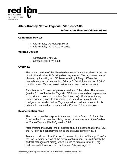 Native Tags via L5K files v2.00 - Red Lion Controls