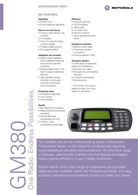 GM380 Spec Sheet - Motorola Solutions