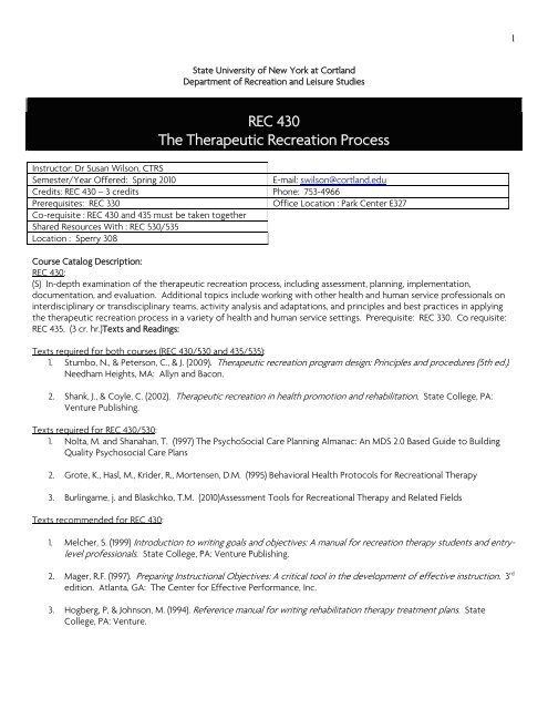 REC 430 The Therapeutic Recreation Process - SUNY Cortland