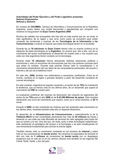 Discurso del Ing. Norberto Capellan en el Acto Inaugural - CICOMRA