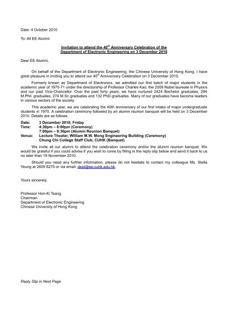 Invitation Letter to EE Alumni by Department Chairman - Electronic ...