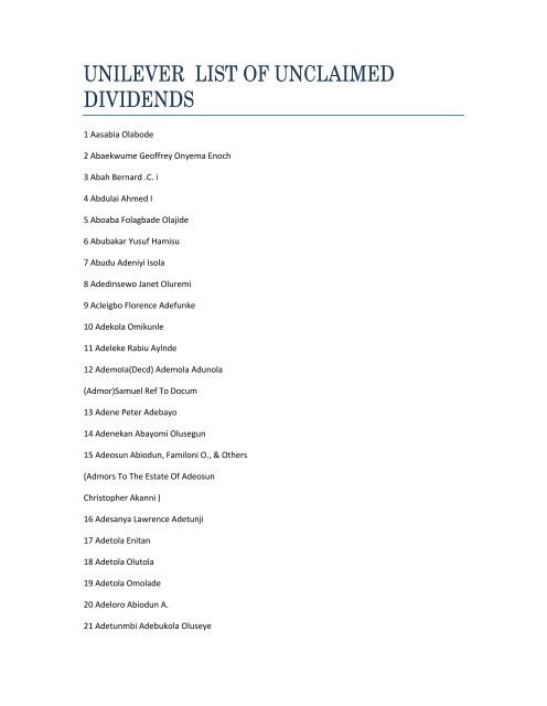 UNILEVER LIST OF UNCLAIMED DIVIDENDS - dividendng.com