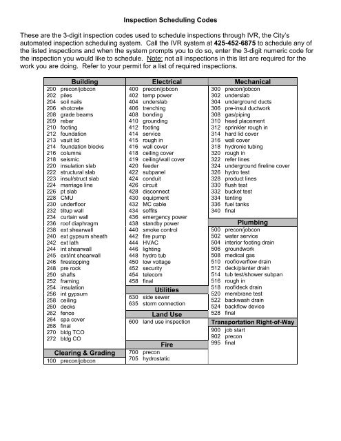 3-digit inspection code number - City of Bellevue