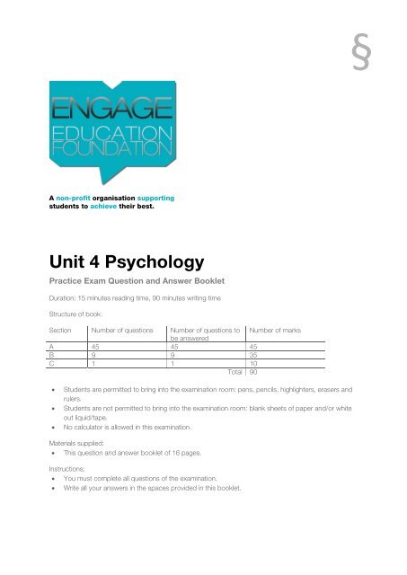Unit 4 Psychology - Practice Exam - Engage Education Foundation