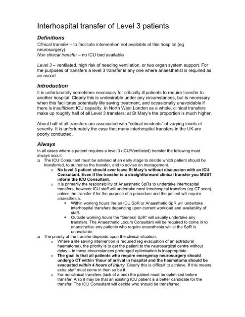 Interhospital transfer of Level 3 patients - St-marys-anaesthesia.co.uk