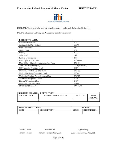 Procedure for Roles & Responsibilities at Center IFBI.PNF ... - IFBI.com
