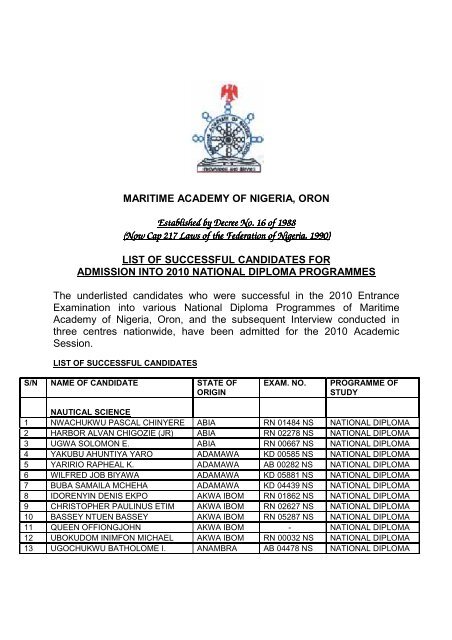 Nautical Science - Maritime Academy of Nigeria, Oron
