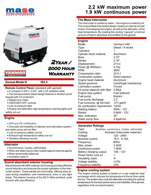 Specifications/Product Brochure - Mase Generators of North America