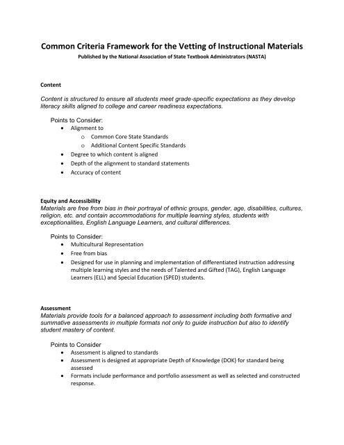 Common Criteria Framework for the Vetting of Instructional Materials