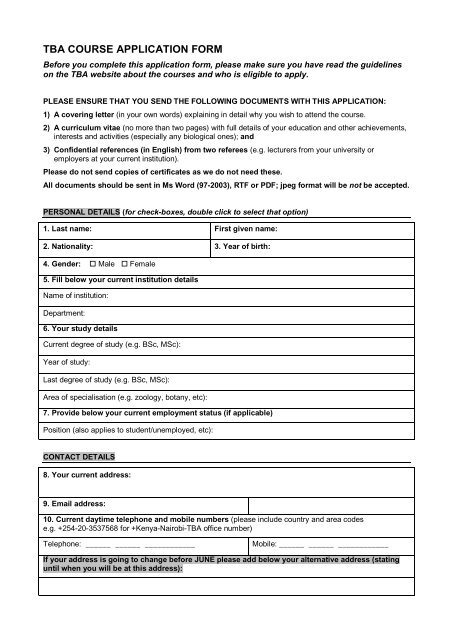 TBA COURSE APPLICATION FORM - Tropical Biology Association