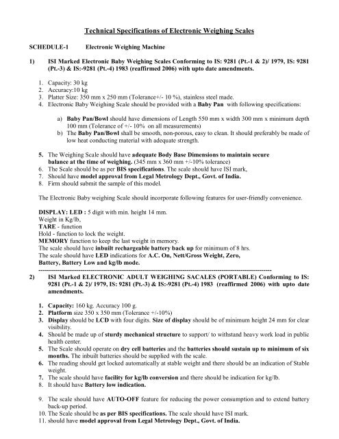 Technical Specifications of Electronic Weighing Scales - csidc ...