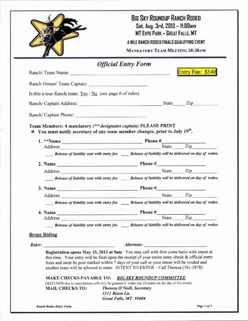 Big Sky Roundup Ranch Rodeo Entry Form - Montana State Fair