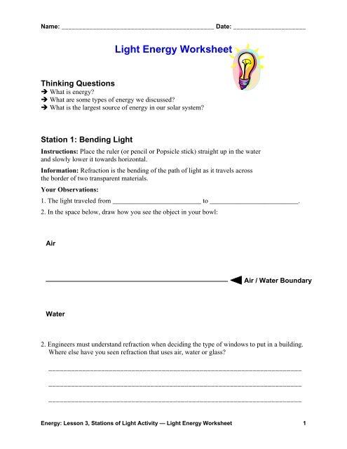 Light Energy Worksheet - Teach Engineering