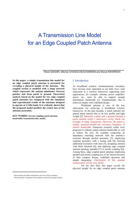 A Transmission Line Model for an Edge Coupled Patch Antenna