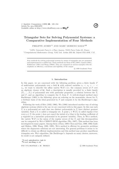 Triangular Sets For Solving Polynomial Systems Computer Science