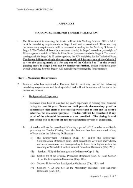 APPENDIX I MARKING SCHEME FOR TENDER EVALUATION 1 ...
