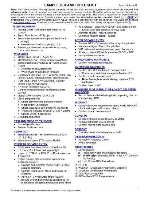SAMPLE OCEANIC CHECKLIST - World Air Ops