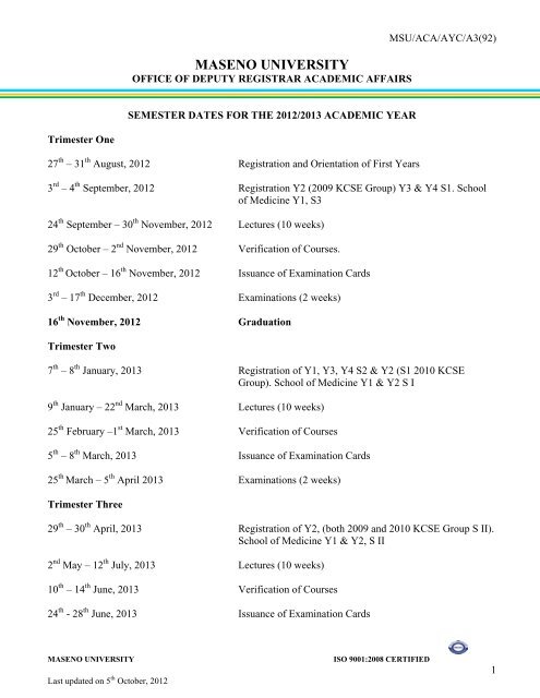 approved semester dates for 2011/2012 academic year - Maseno ...