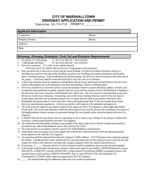 Driveway Permit - City of Marshalltown