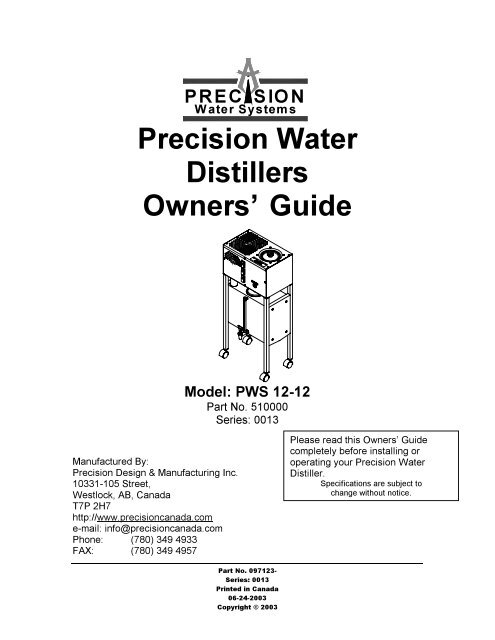 Precision Water Distillers Owners' Guide - Watergroup