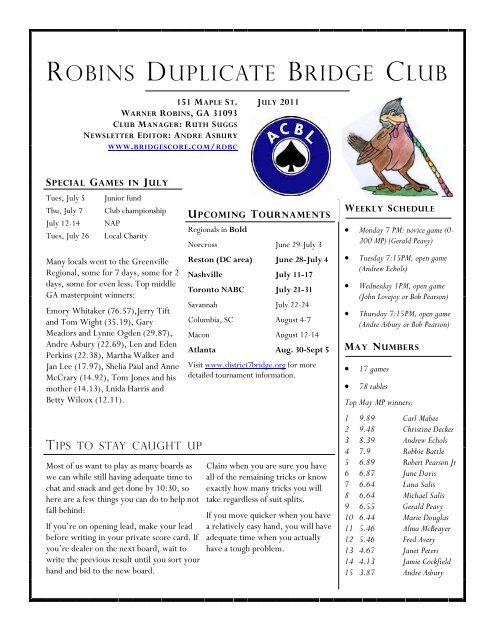 ROBINS DUPLICATE BRIDGE CLUB - Bridge Score